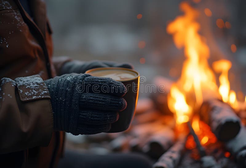 Man Drinking Coffee by the Fire in Cold Weather Stock Illustration ...