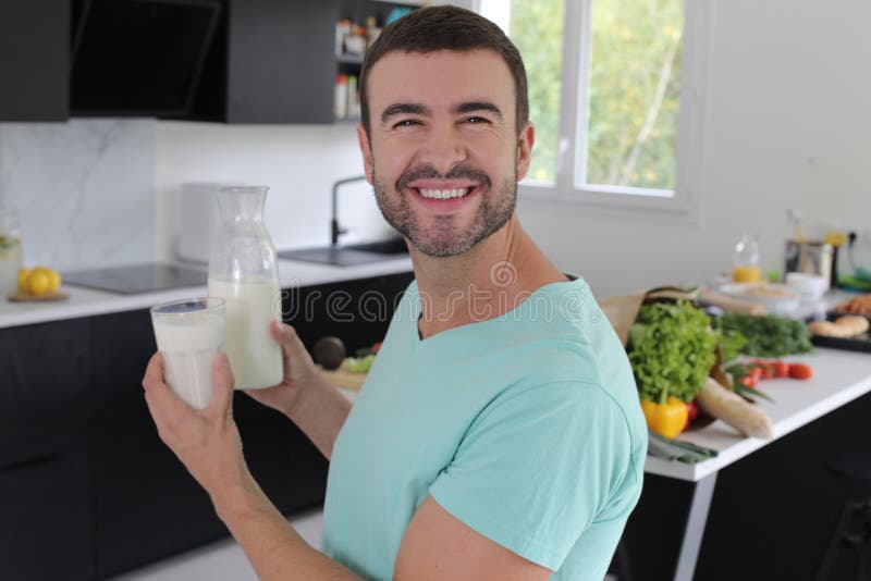 Man Drinking Milk in the Kitchen Stock Photo - Image of calcium ...