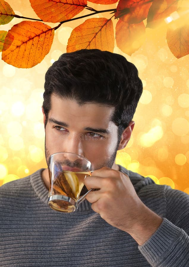 Man Drinking Tea with Autumn Leaves Background Stock Photo - Image of ...