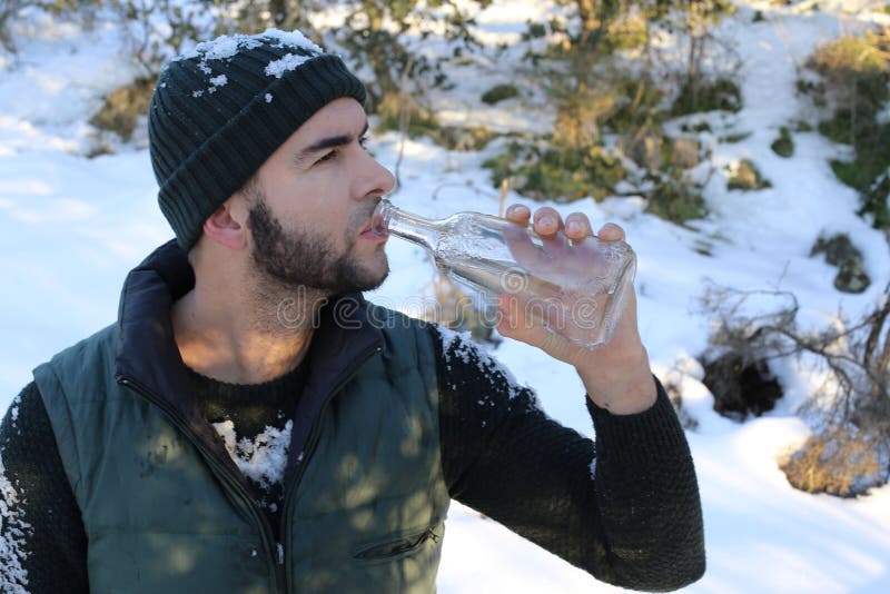Man Drinking Vodka in the Snow Stock Image - Image of addiction ...