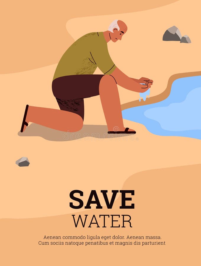 Man Drinking Water from Puddle or Pond, Water Scarcity Concept Poster ...