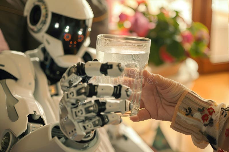 Man Drinking Water with a Robot, AI-generated. Stock Illustration ...