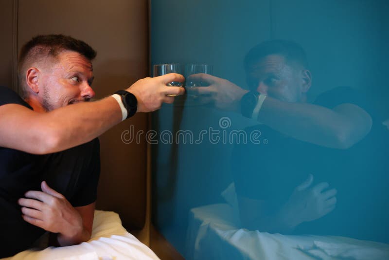 Man Drinking Whiskey with His Reflection in Mirror Stock Image - Image ...