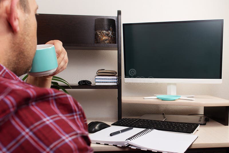 Man Drinks Coffee at Home at the Computer Stock Image - Image of ...