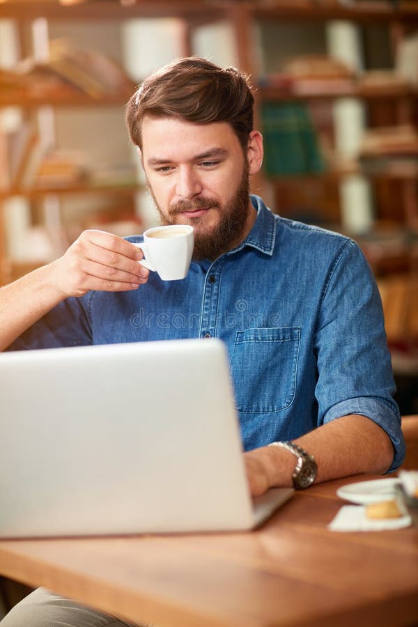 Man Drinks Coffee and Work on Laptop Stock Photo - Image of joyful ...