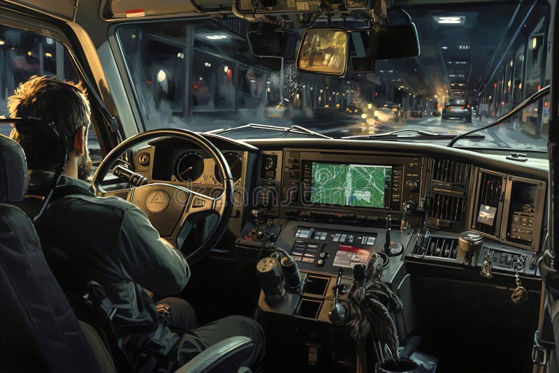 A Man Driver is Sitting in the Truck Cab. Front View from Inside Stock ...