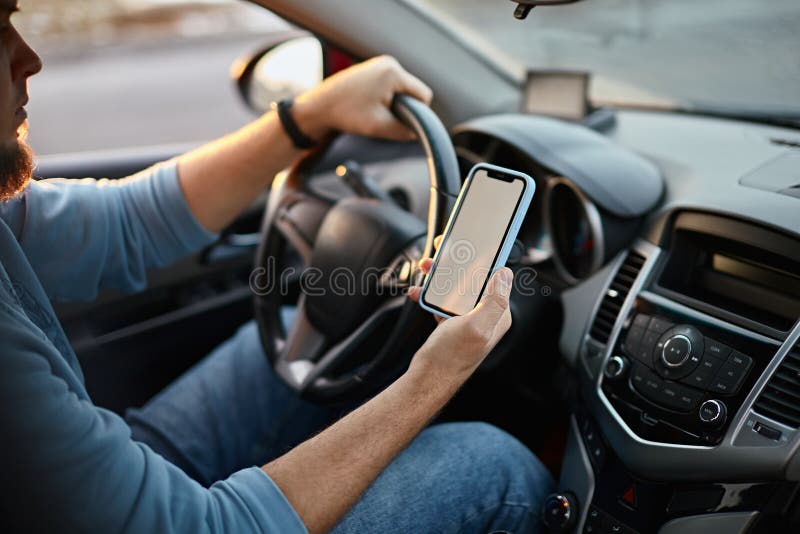 Man Driver Using Mobile Phone Screen Blank Mockup on the Road while ...