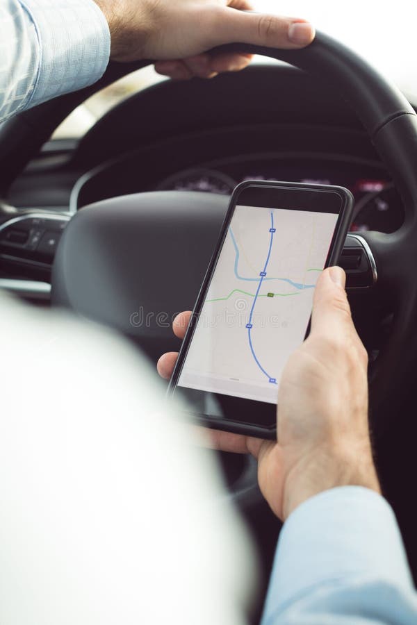 Man Driver Using Smart Phone in Car Stock Image - Image of full ...