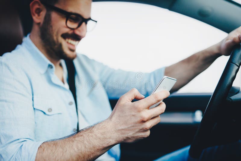 Man Driver Using Smart Phone in Car Modern Stock Photo - Image of phone ...