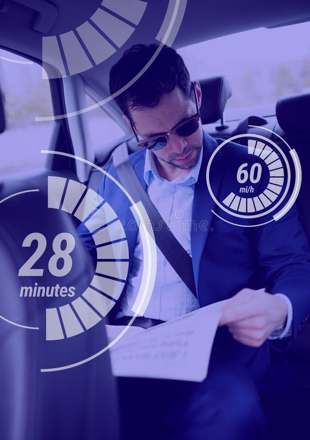 Man in Driverless Autonomous Car with Heads Up Display Interface Stock ...