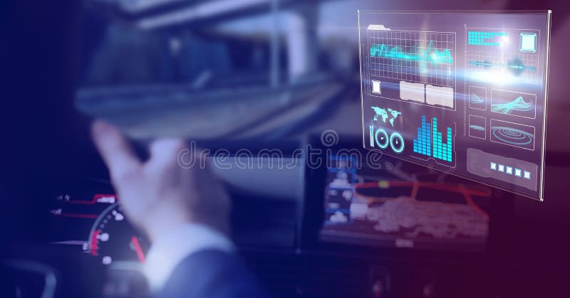 Man Driving in Car with Heads Up Display Interface Stock Image - Image ...