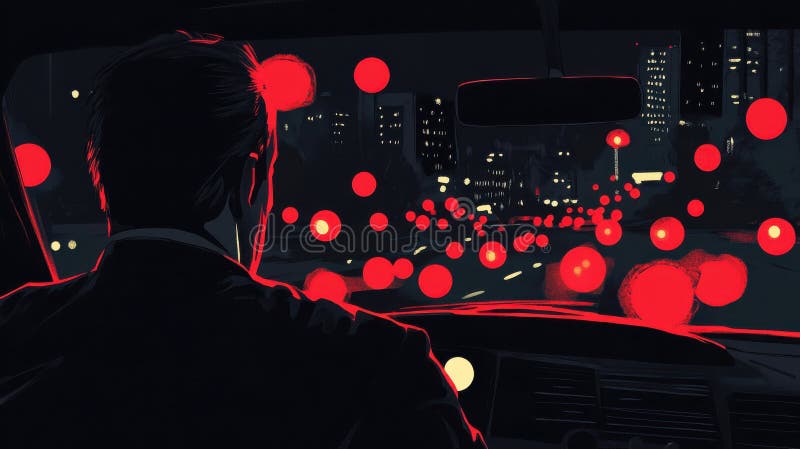 Man Driving a Car at Night with Red Tail Lights Illuminating the Road ...