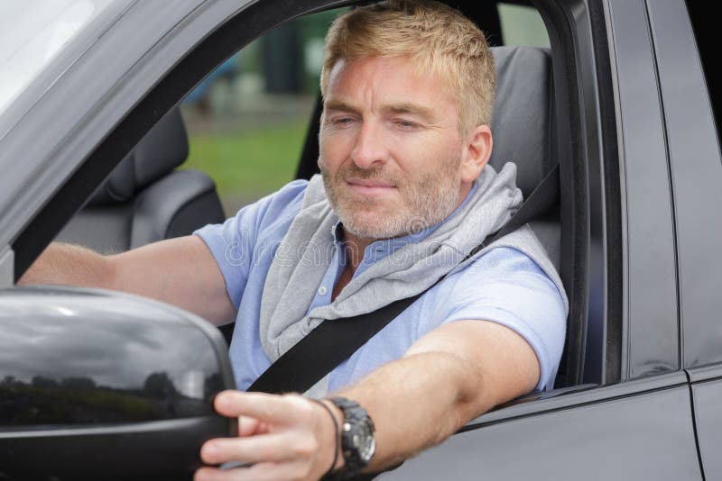Man Driving Fitting Side Car Mirror Stock Image - Image of traffic ...