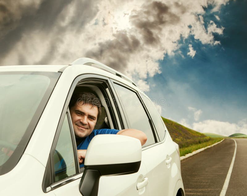 Man Driving His Car on the Lonely Road Stock Image - Image of casual ...