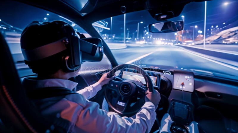 Man Driving in Virtual Reality Simulation on Streets at Night Stock ...