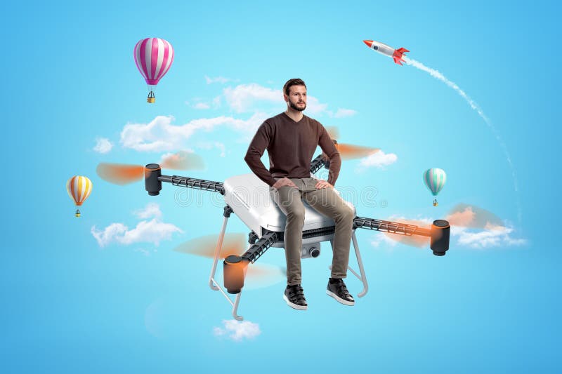 Man on a Drone Bench Floating in the Sky Stock Image - Image of drone ...
