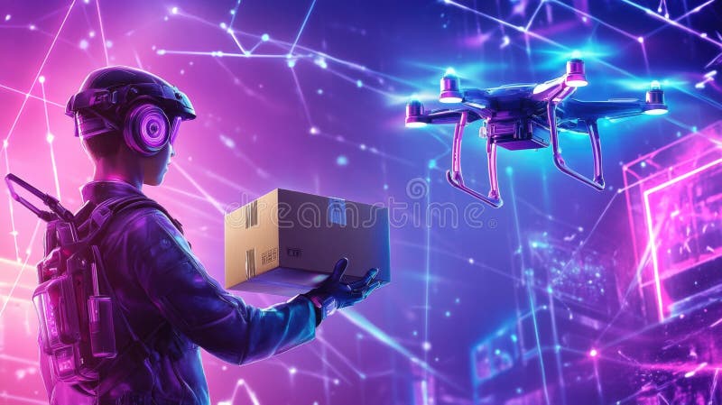 Man Drone Delivery Service with Metaverse Technology, Futuristic ...