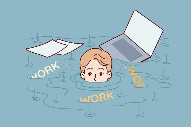 Man Drowning in Work with Documents and Laptop, Needing Time Management ...