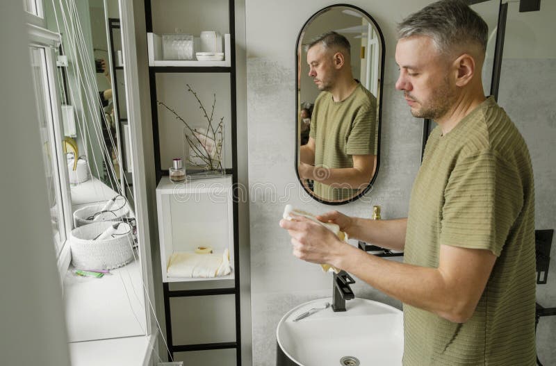 A Man is Drying His Hands with a Towel after Washing Them in a Modern ...