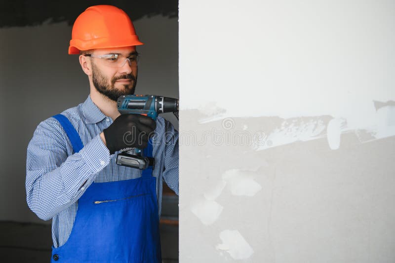 Man Drywall Worker Installing Plasterboard Sheet To Wall Stock Image ...