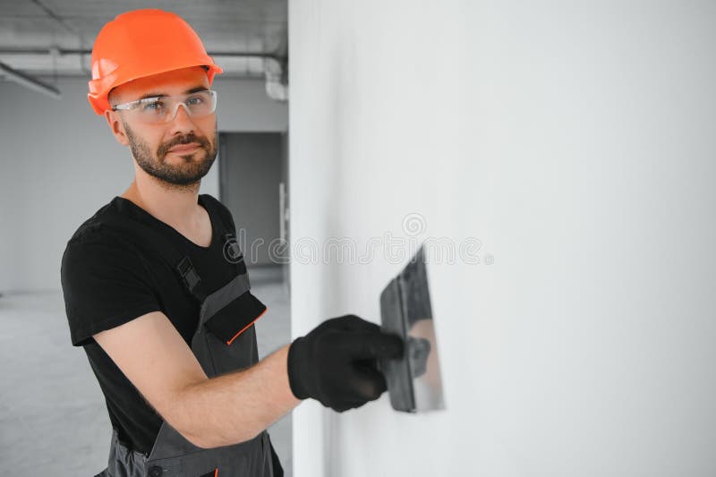 Man Drywall Worker or Plasterer Putting Mesh Tape for Plasterboard on a ...