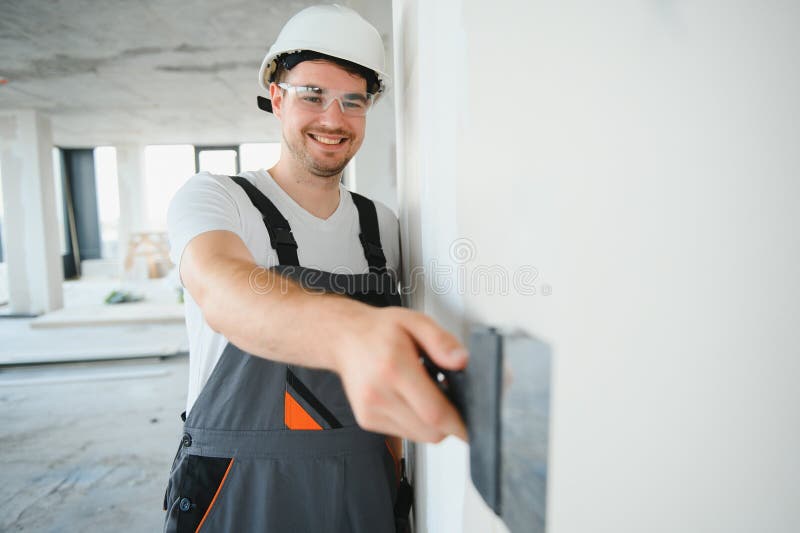 Man Drywall Worker Using Trowel for Plasterer Putting Stucco on ...