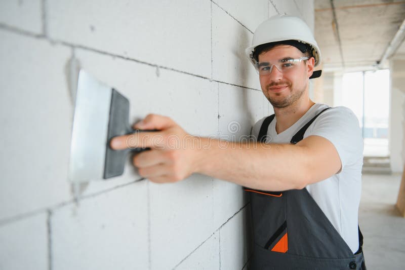 Man Drywall Worker Using Trowel for Plasterer Putting Stucco on ...