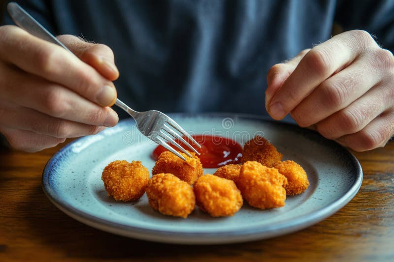 Man Eating Chicken Nuggets with Ketchup and Fork Stock Image - Image of ...