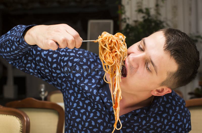 Man Eating a Large Portion of Pasta Stock Photo - Image of happiness ...