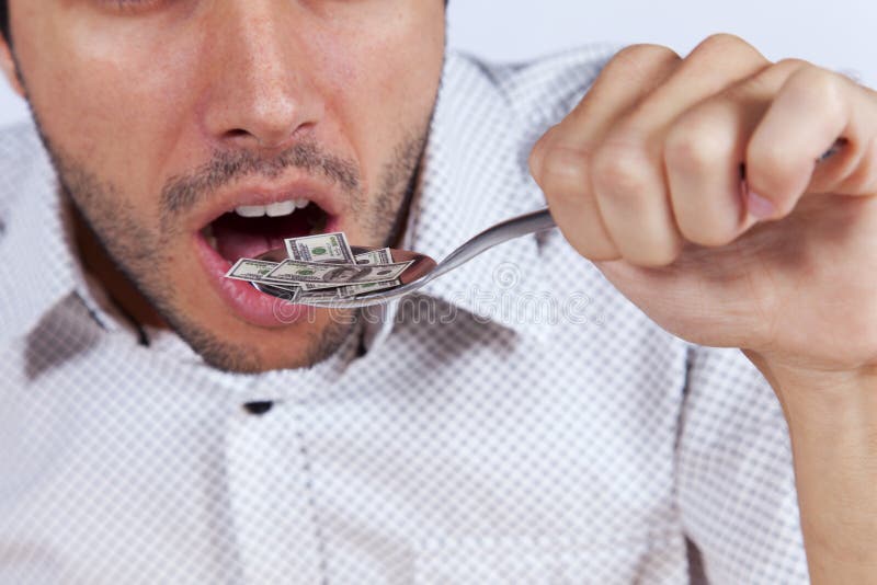 Man Eating Little Dollar Banknote Stock Photo - Image of eating, greedy ...