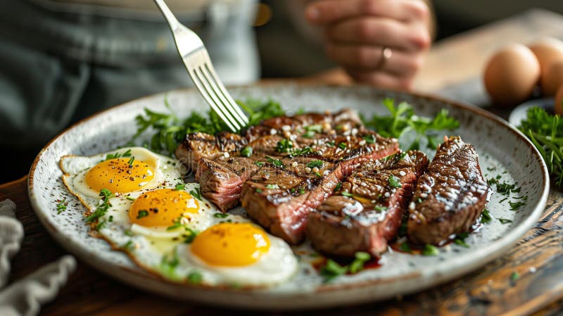 Person Eating a Plate Filled with Steak and Eggs. Generative AI Stock ...