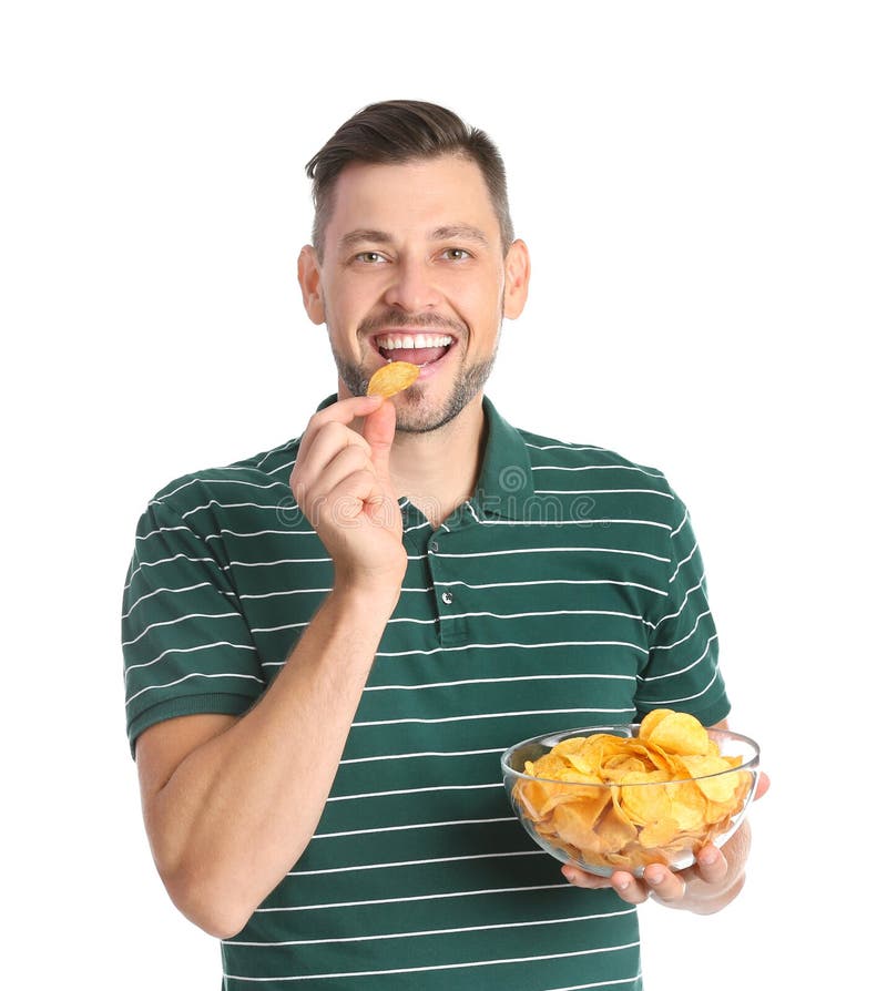 233 Happy Young Man Eating Potato Chips Stock Photos - Free & Royalty ...