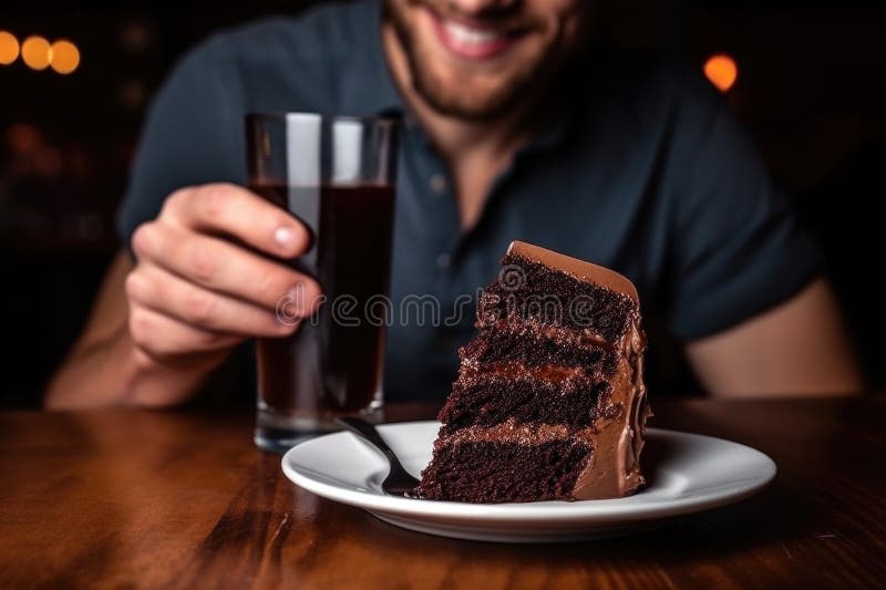 Man Eating a Slice of Chocolate Cake with a Beverage Stock Photo ...