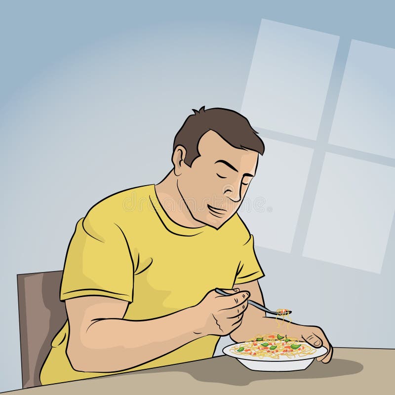 Man eating spaghetti stock illustration. Illustration of dinner - 183972390