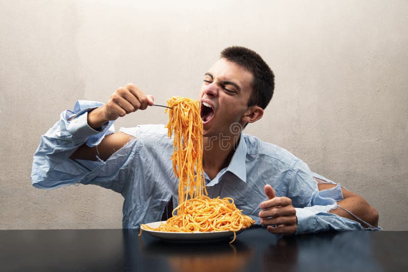 Man Eating Spaghetti with Tomato Sauce Stock Photo - Image of food ...