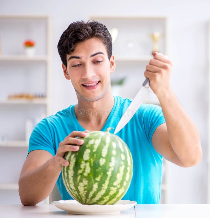Man Eating Watermelon at Home Stock Image - Image of lifestyle, home ...