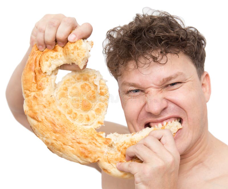 Man Eats Bread On A White Background Stock Photo - Image of mouth, roll ...