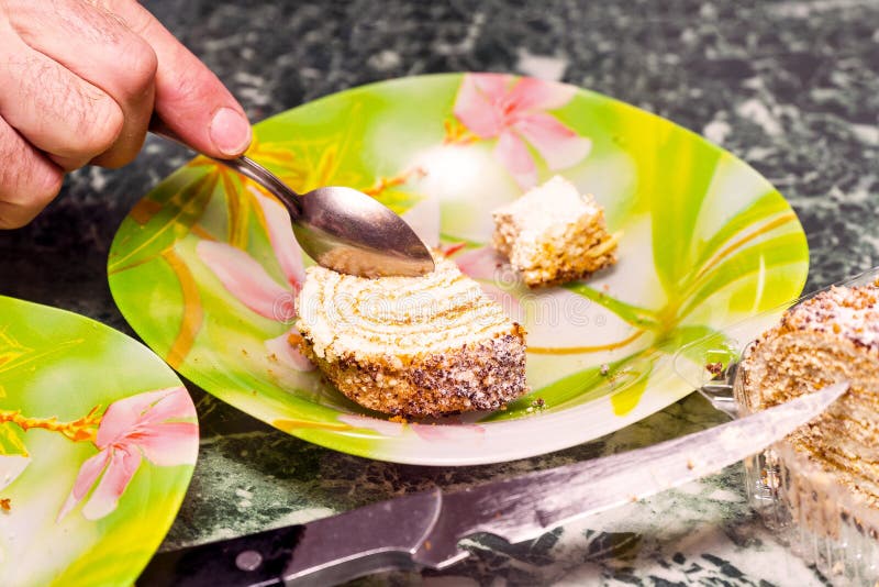 Man Eats a Cake with a Spoon Stock Image - Image of eats, dessert ...