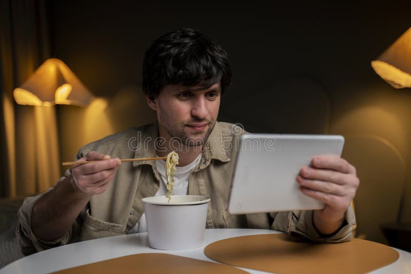 Man Eats Chinese Noodles while Browsing and Using a Tablet at the Same ...