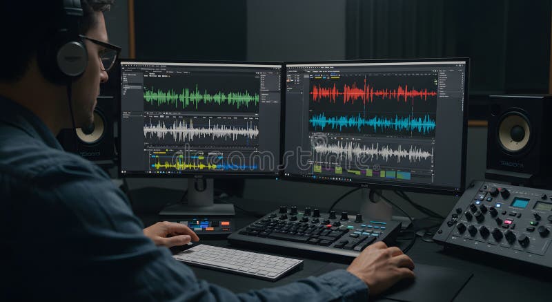 Man Editing Audio Waveforms on Dual Monitors in Studio Stock ...