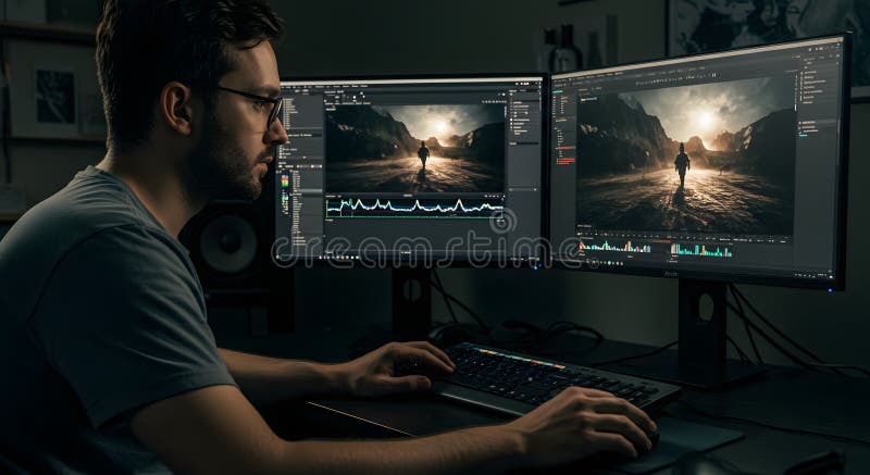 Man Editing Video on Dual Monitors Stock Illustration - Illustration of ...