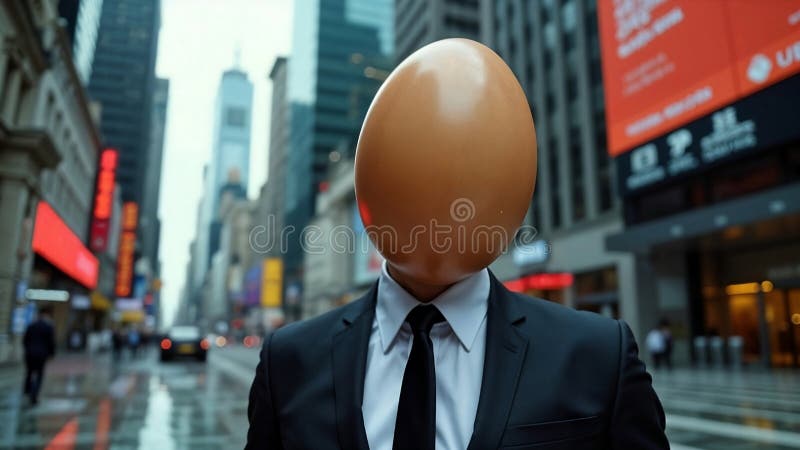 Man with Egg Head in a Suit Walking in Times Square Stock Illustration ...
