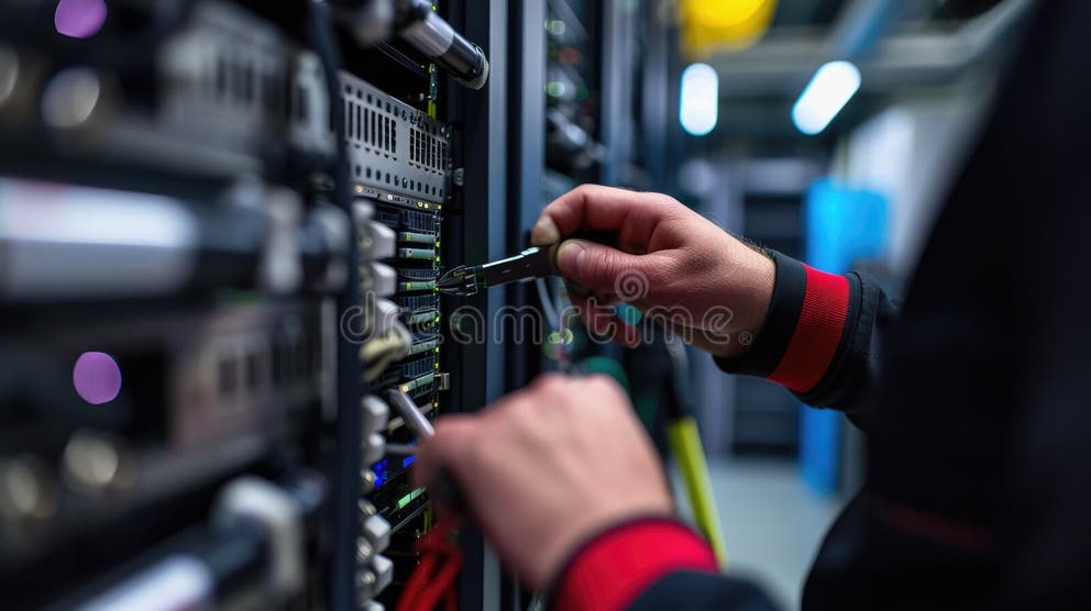 A Data Center Technician Handling Equipment with an Electric Blue Wrist ...