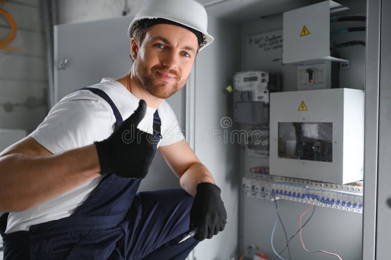 Man, an Electrical Technician Working in a Switchboard with Fuses ...