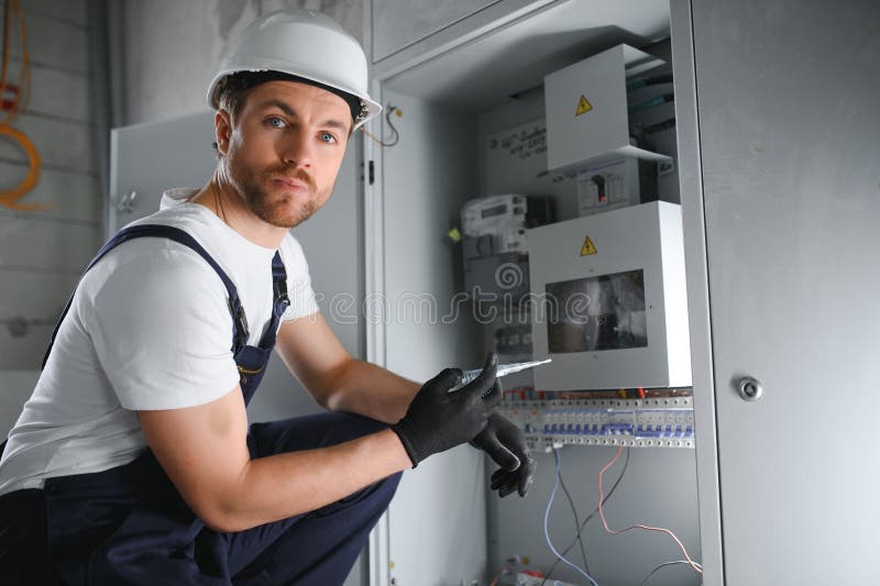 Man, an Electrical Technician Working in a Switchboard with Fuses ...