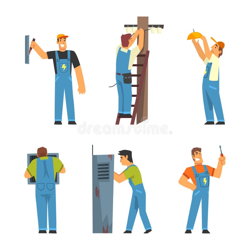 Man Electrician in Blue Overall with Professional Tools Engaged in ...