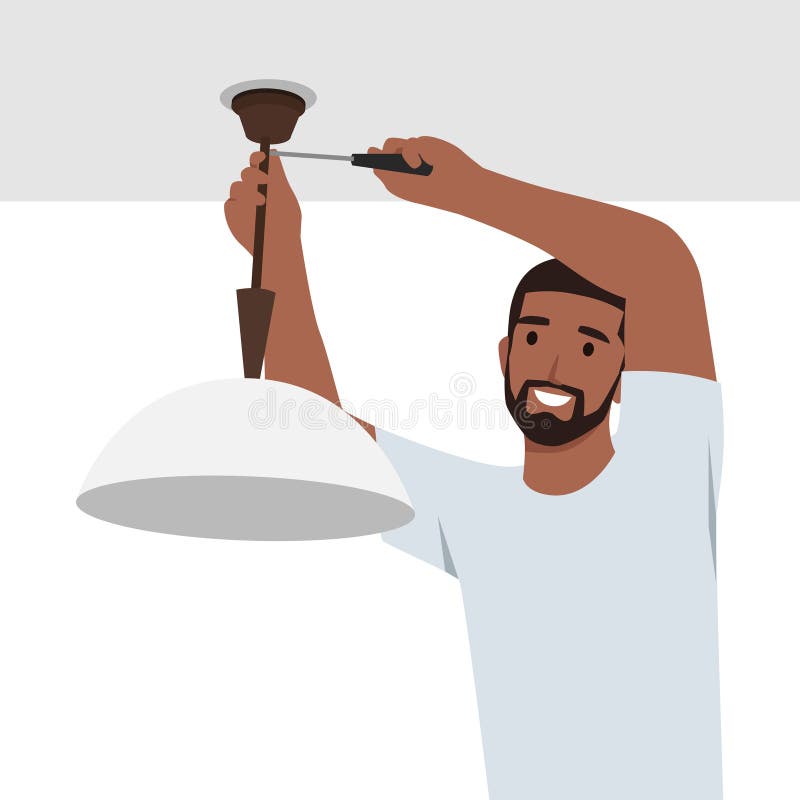 Man Electrician Mounting Ceiling Lamp Installing the Wires Stock ...