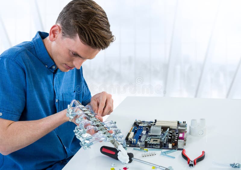 Man with Electronics Against White Background with Graphs Stock Image ...