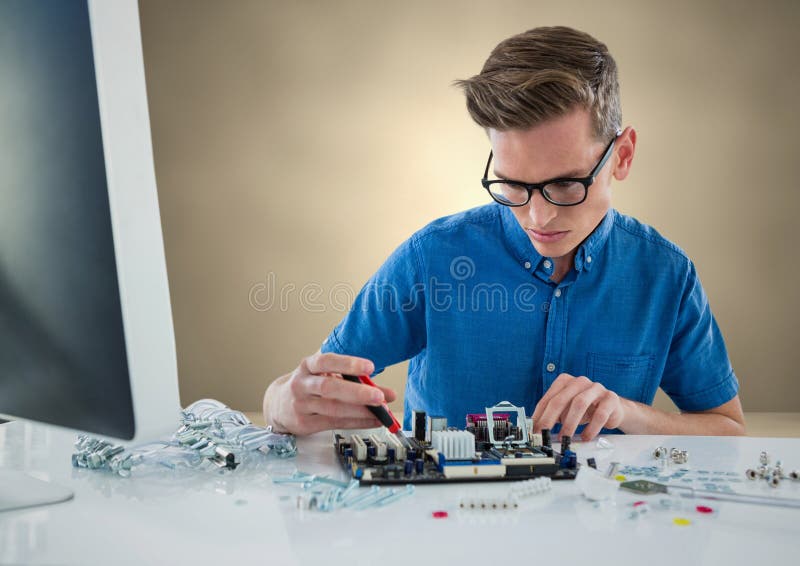 Man with Electronics Against White Background with Graphs Stock Image ...