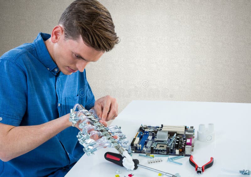 Man with Electronics Against White Background with Graphs Stock Image ...